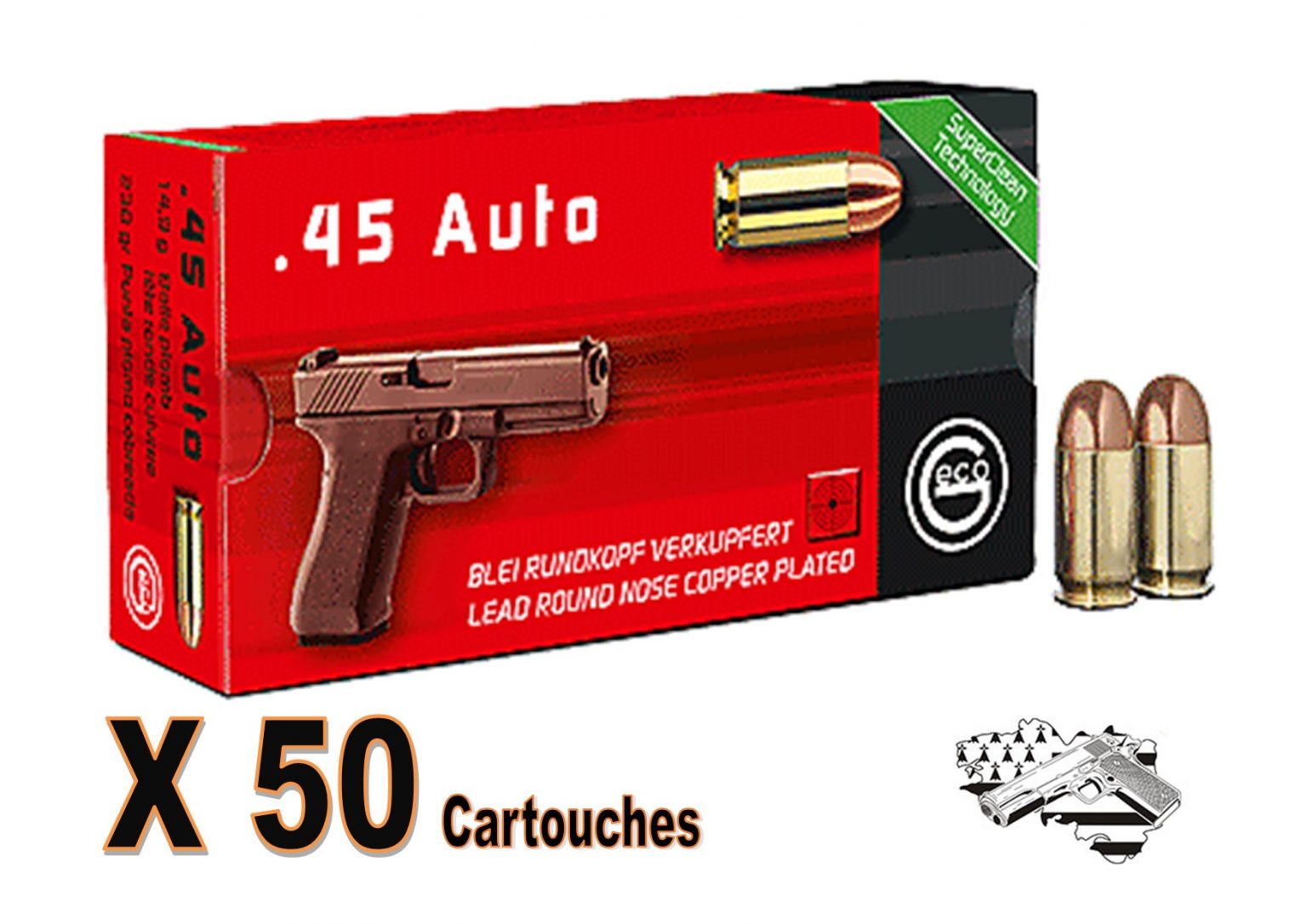 GECO .45 AUTO FMJ 230 grs par 50 – Armurerie Douillet